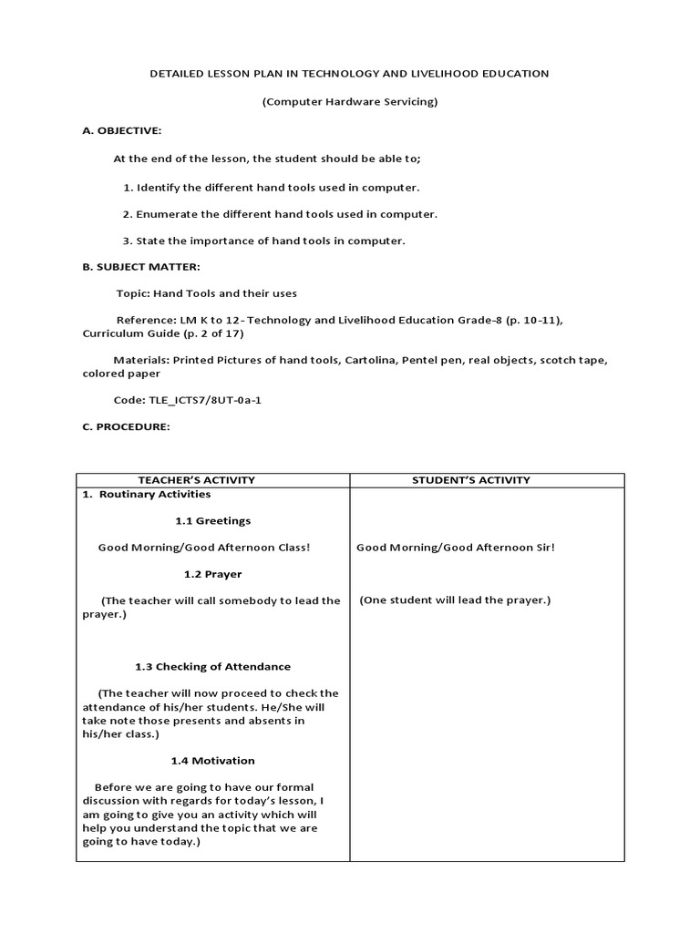 DETAILED LESSON PLAN IN TLE 8 (For Ranking) V2 | PDF | Tools | Equipment