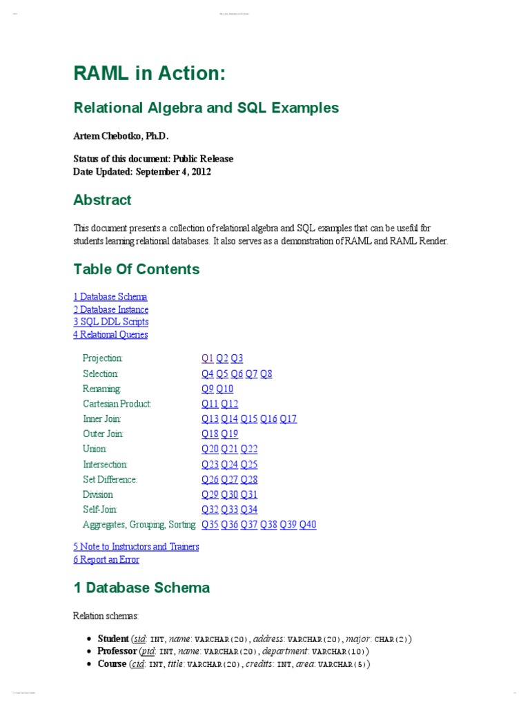 RAML in Action - Relational Algebra and SQL Examples PDF | PDF ... RAML in Action - Relational Algebra and SQL Examples PDF | PDF ...
