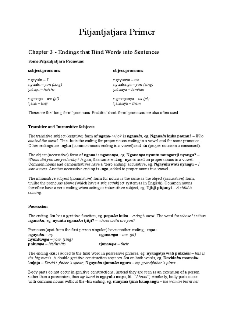 Pitjantjatjara Primer | PDF | Subject (Grammar) | Pronoun