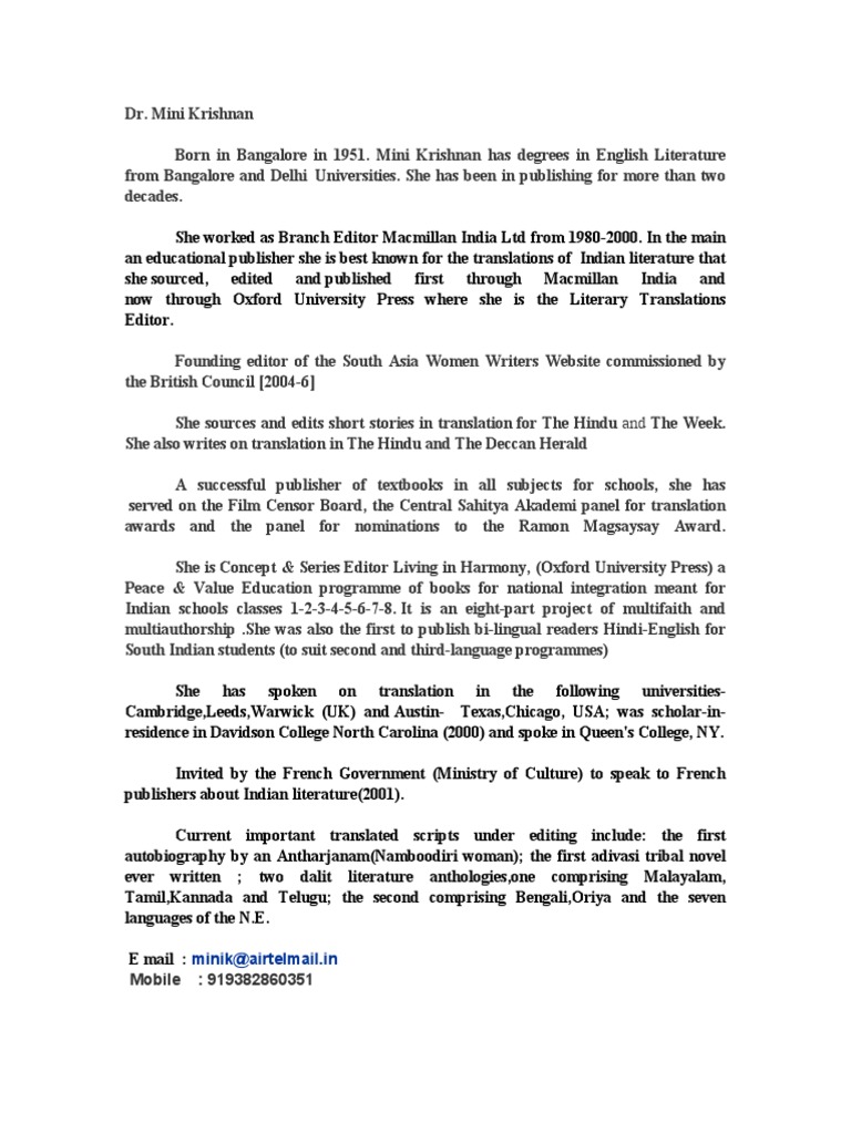 Dr. Mini Krishnan: Literary Editor & Translator | PDF | Language Arts ...