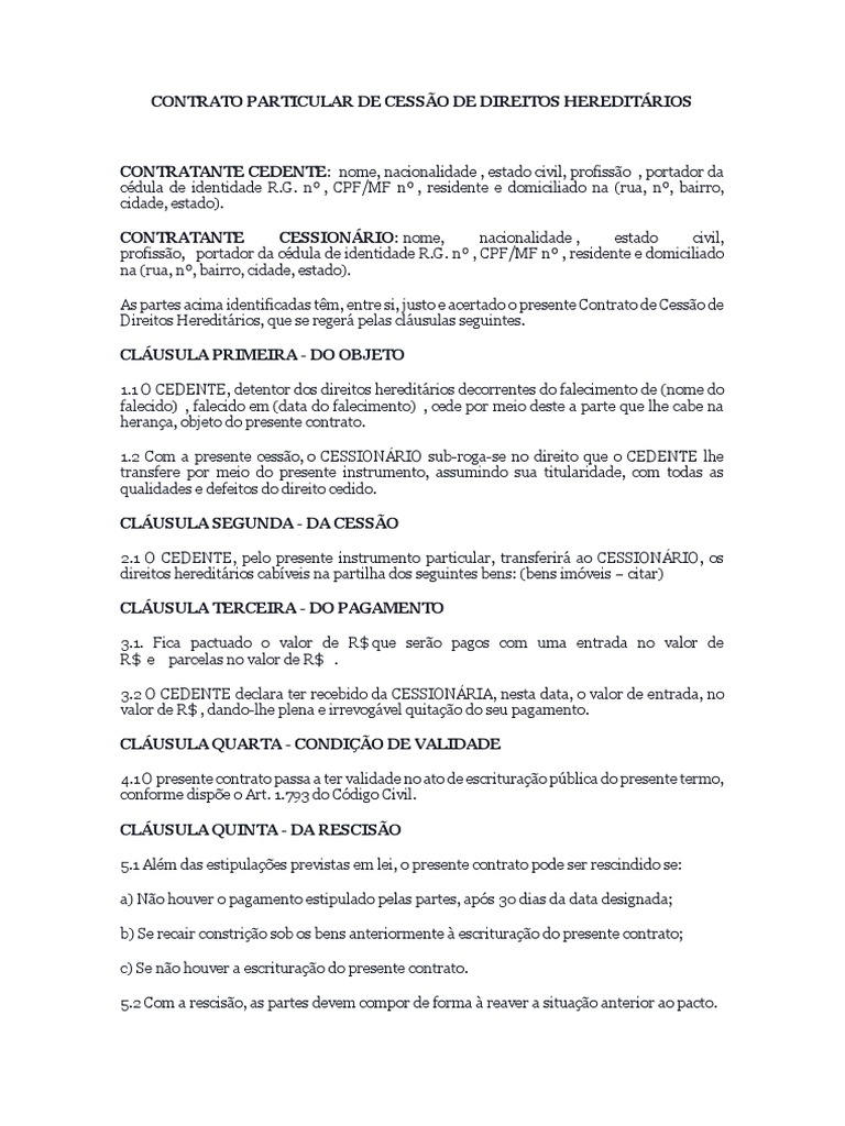 Contrato Particular De Cessão De Direitos Hereditários Download