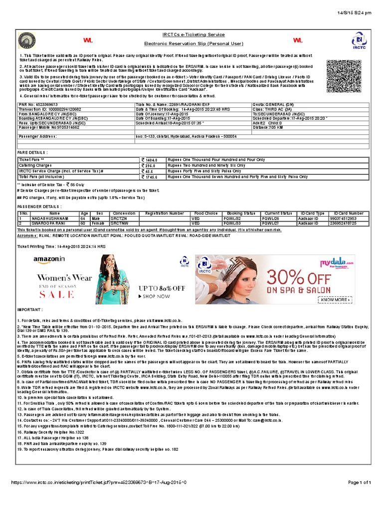 Rajdhani Ticket | PDF | Identity Document | Ticket (Admission)