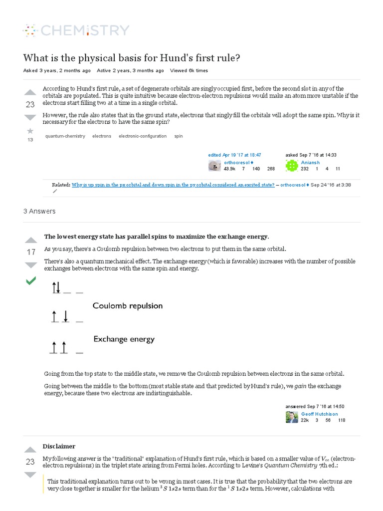 Quantum Chemistry - What Is The Physical Basis For Hund's First Rule ...