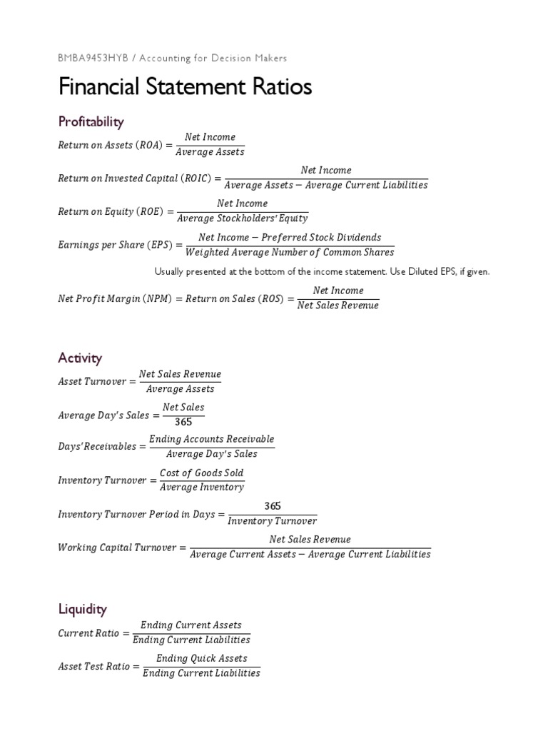 Financial Statement Ratios Cheat Sheet PDF | PDF | Corporate Governance ...