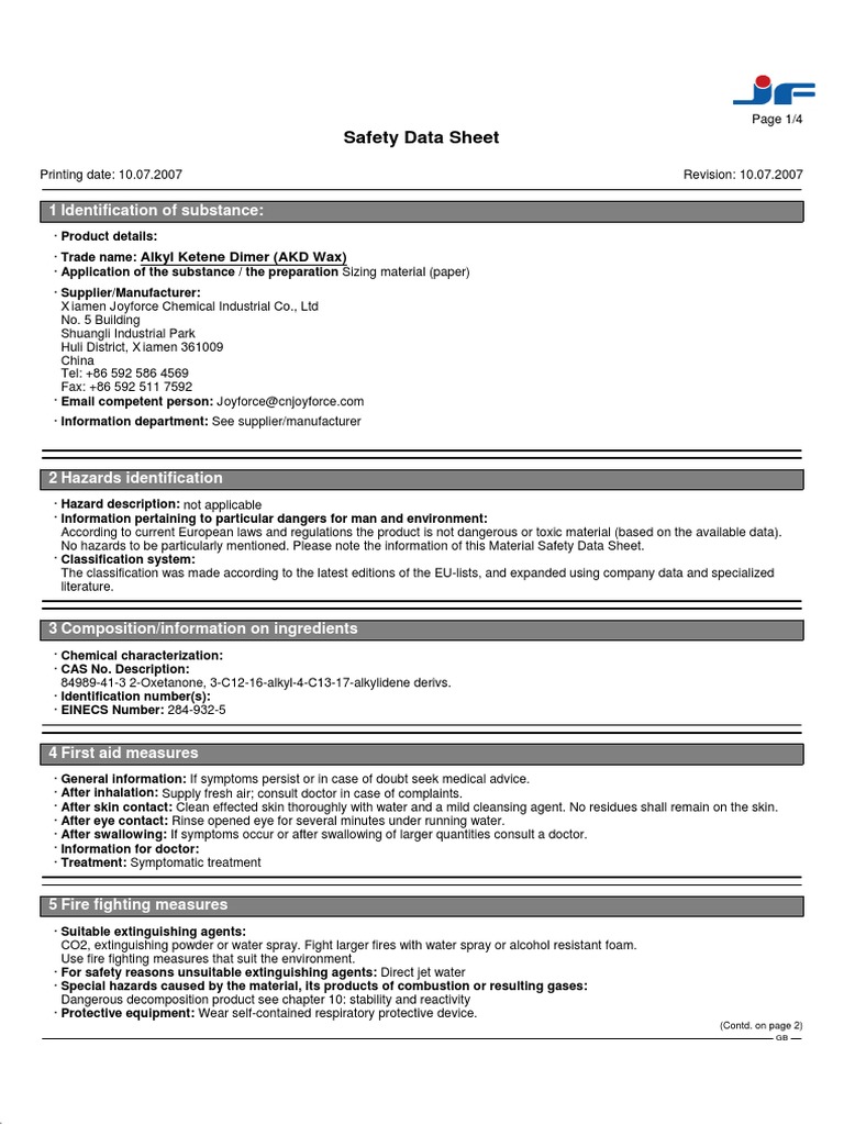 MSDS AKD Wax | Download Free PDF | Toxicity | Personal Protective Equipment