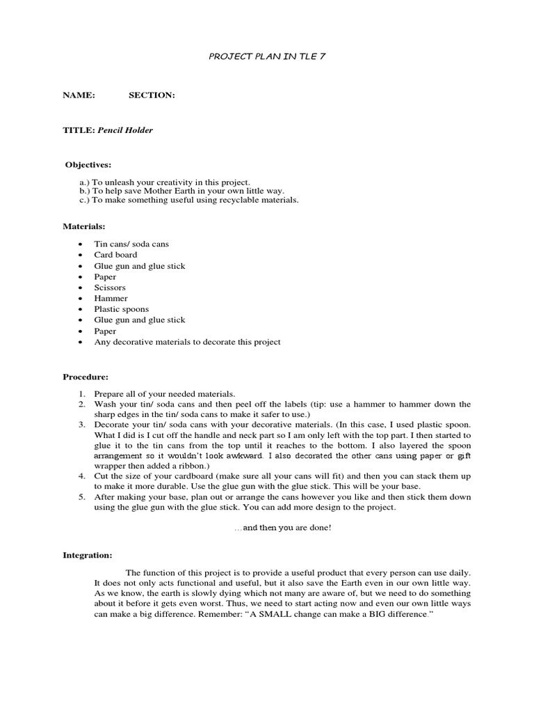 Project Plan in Tle 7 | PDF
