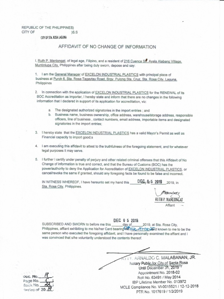 Affidavit of No Change | PDF