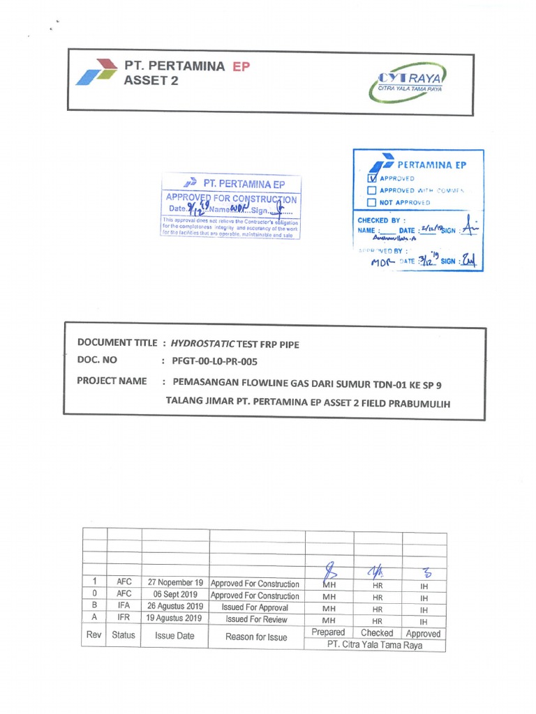 Hydrostatic Test FRP Pipe Rev.0 (DONE) | PDF