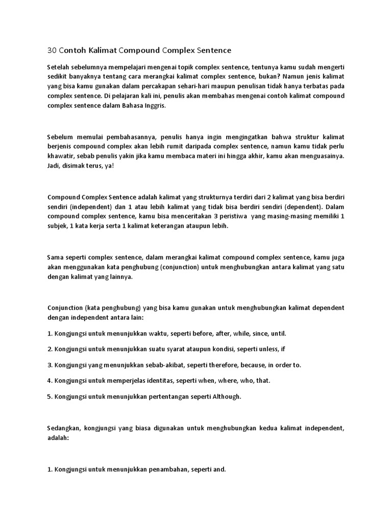 30 Contoh Kalimat Compound Complex Sentence | PDF