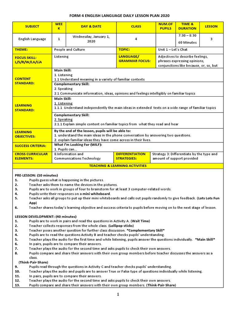 Form 4 Cefr Sample Lesson Plan Template | PDF | Question | Lesson Plan