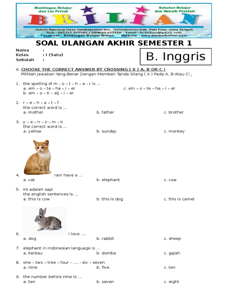 Soal UAS Bahasa Inggris Kelas 1 SD Semester 1 (Ganjil) Dan Kunci Jawaban PDF | PDF | Linguistic ...