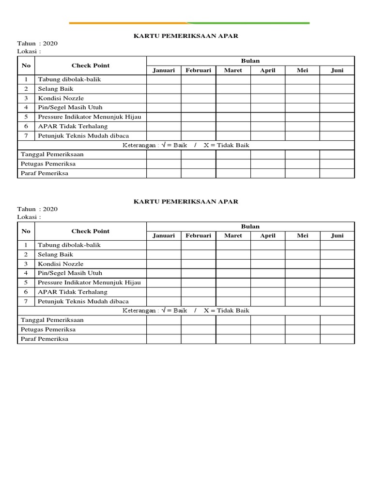 Form Control Apar 2020 (Kartu Pemeriksaan Apar) | PDF