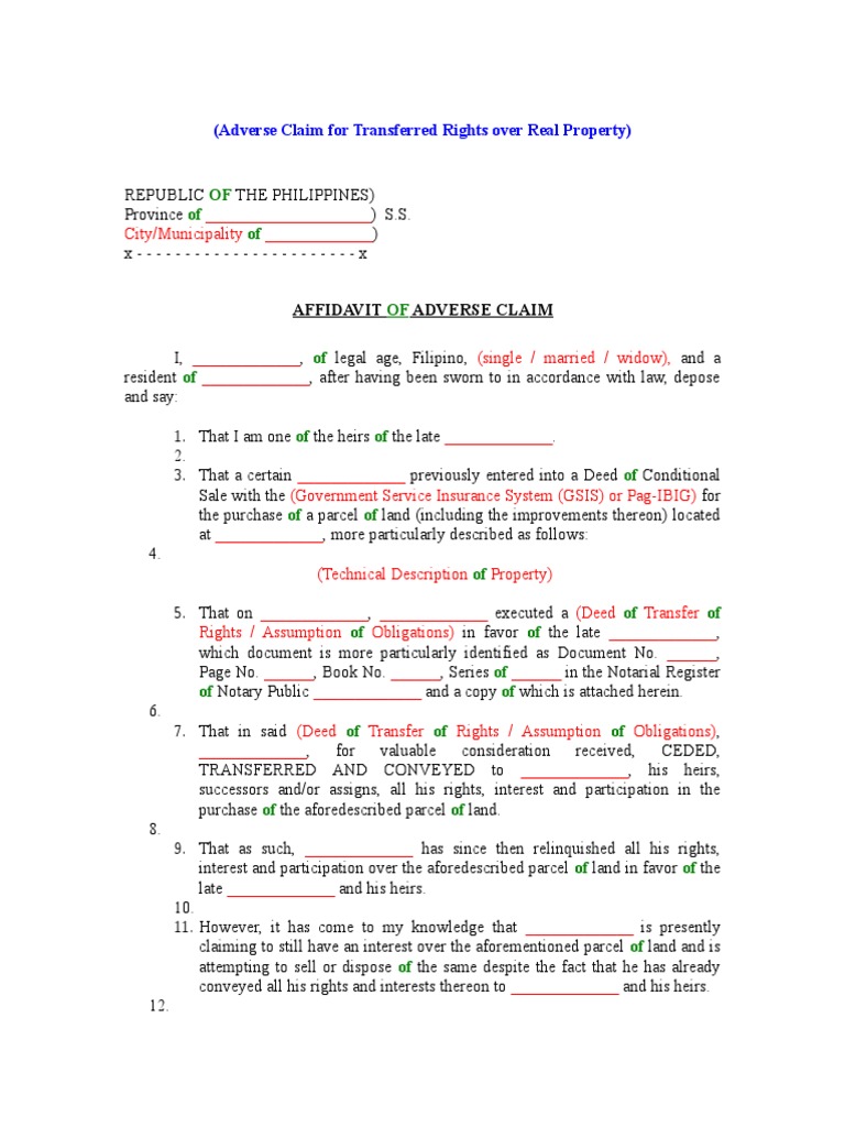 Adverse Claim For Transferred Rights Over Real Property | PDF ...
