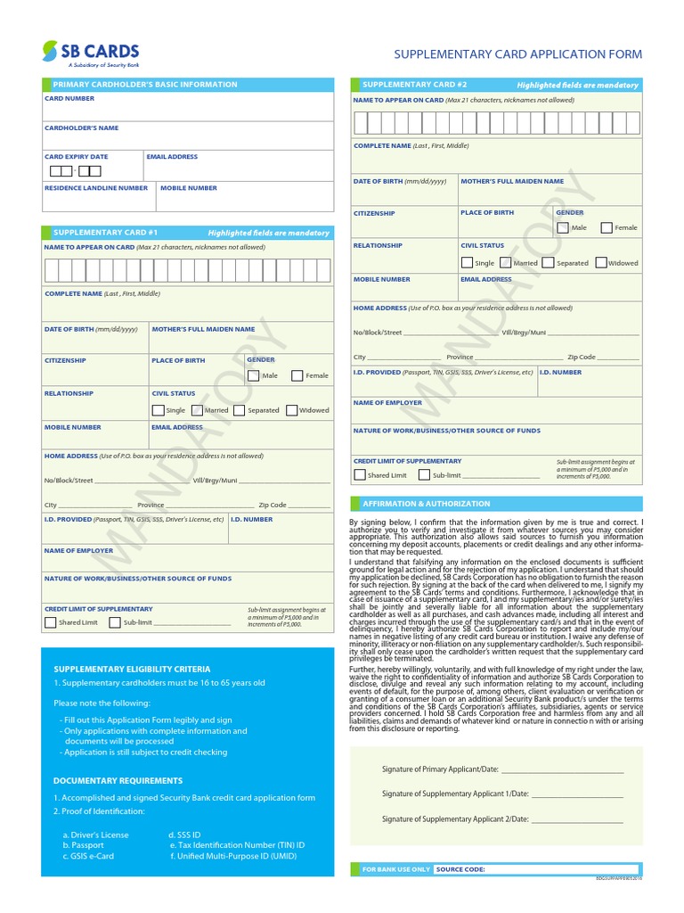 Security Bank Credit Card Supplementary Form | PDF | Credit Card ...