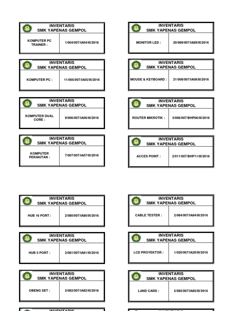 Stiker Inventaris (R.TKJ 2) | PDF | Computer Hardware | Equipment