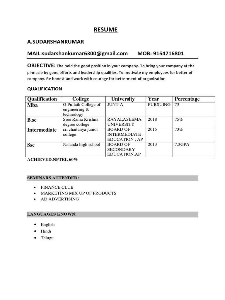 Avula Sudarshan Kumar Resum | PDF | Behavior Modification | Learning