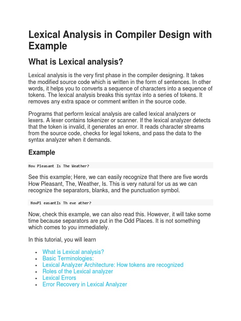 Lexical Analysis in Compiler Design With Example | PDF | Parsing | Computer Programming Tools