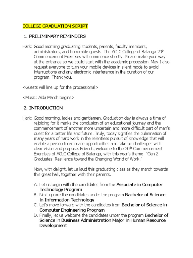 COLLEGE GRADUATION SCRIPT - ACLC Balanga | PDF | Bachelor's Degree ...