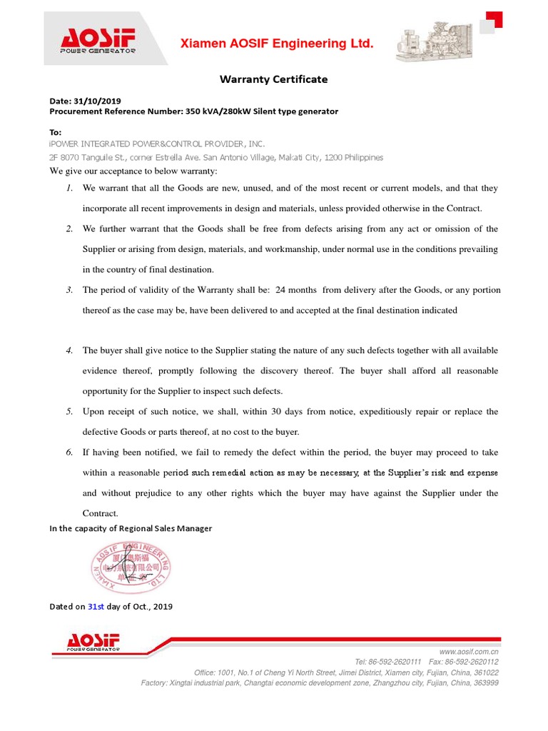 Warranty Certificate Format-2019 PDF | PDF | Civil Law (Legal System ...