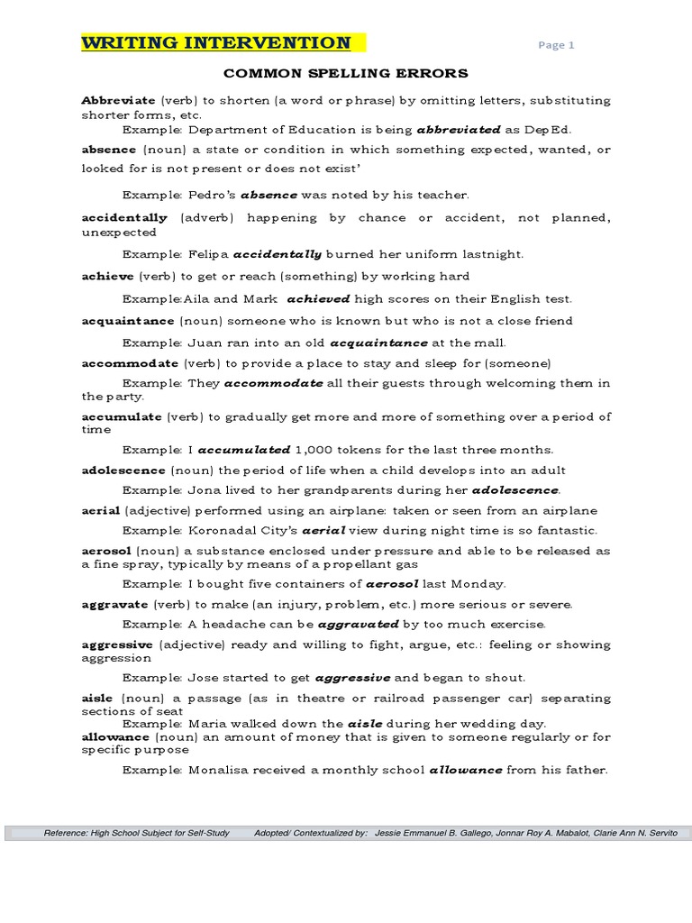 Common High School Spelling Errors | PDF | Verb | Adjective