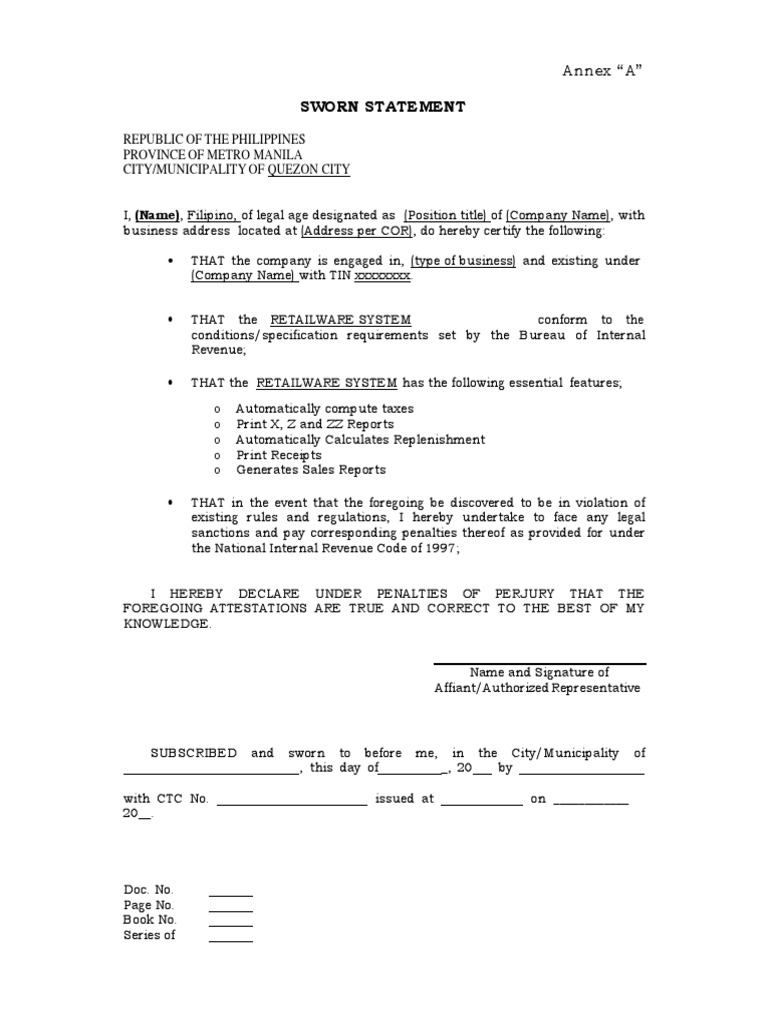 Sworn Statement For POS - Blank Template | PDF
