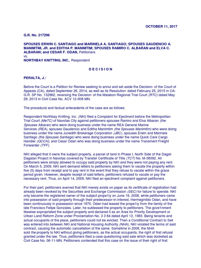 Sps. Santiago vs. Northbay Knitting, Inc. | PDF | Complaint | Lawsuit