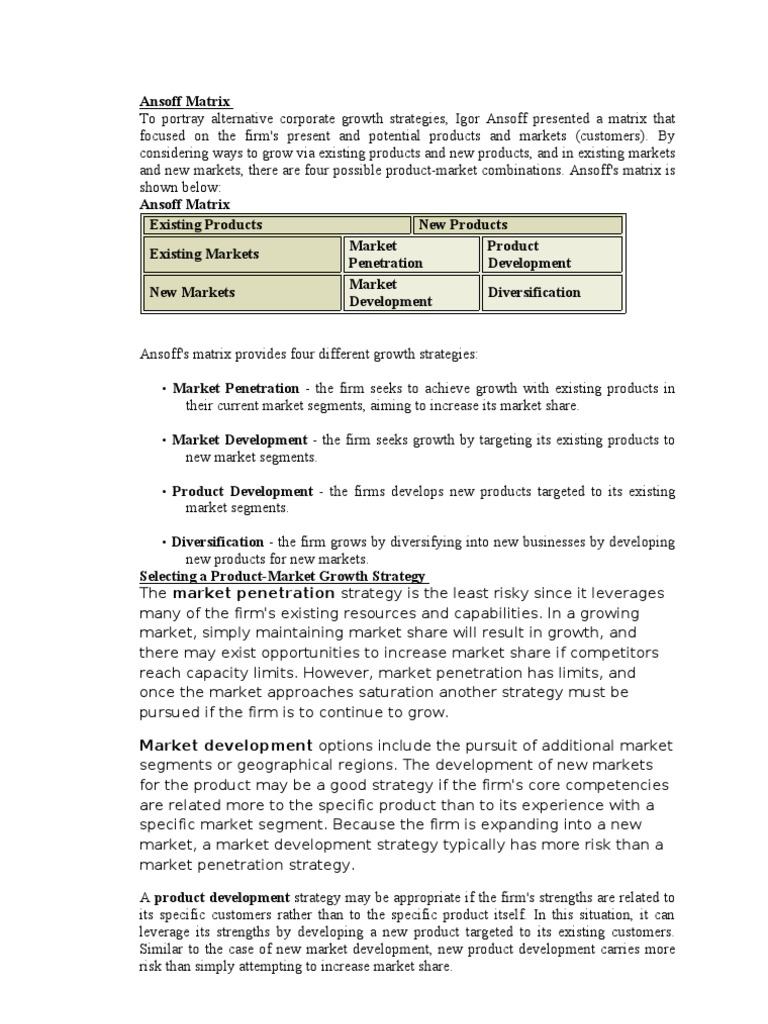 Ansoff Matrix | PDF | Diversification (Finance) | Microeconomics