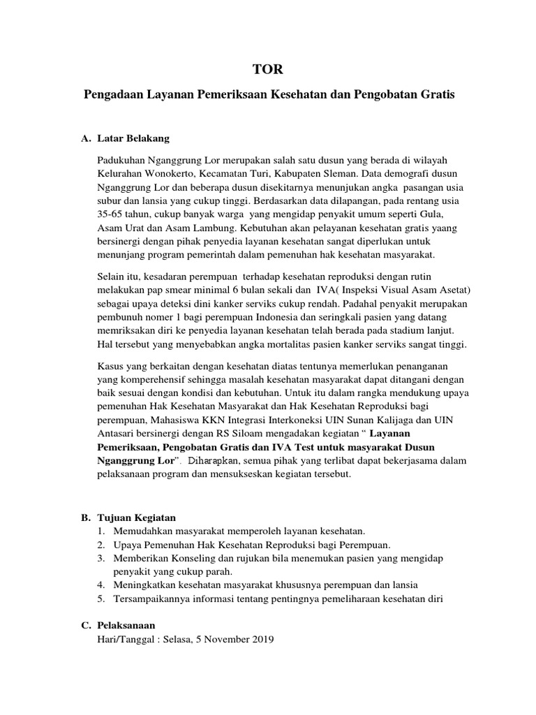 TOR Pengadaan Pelayanan Kesehatan Gratis | PDF