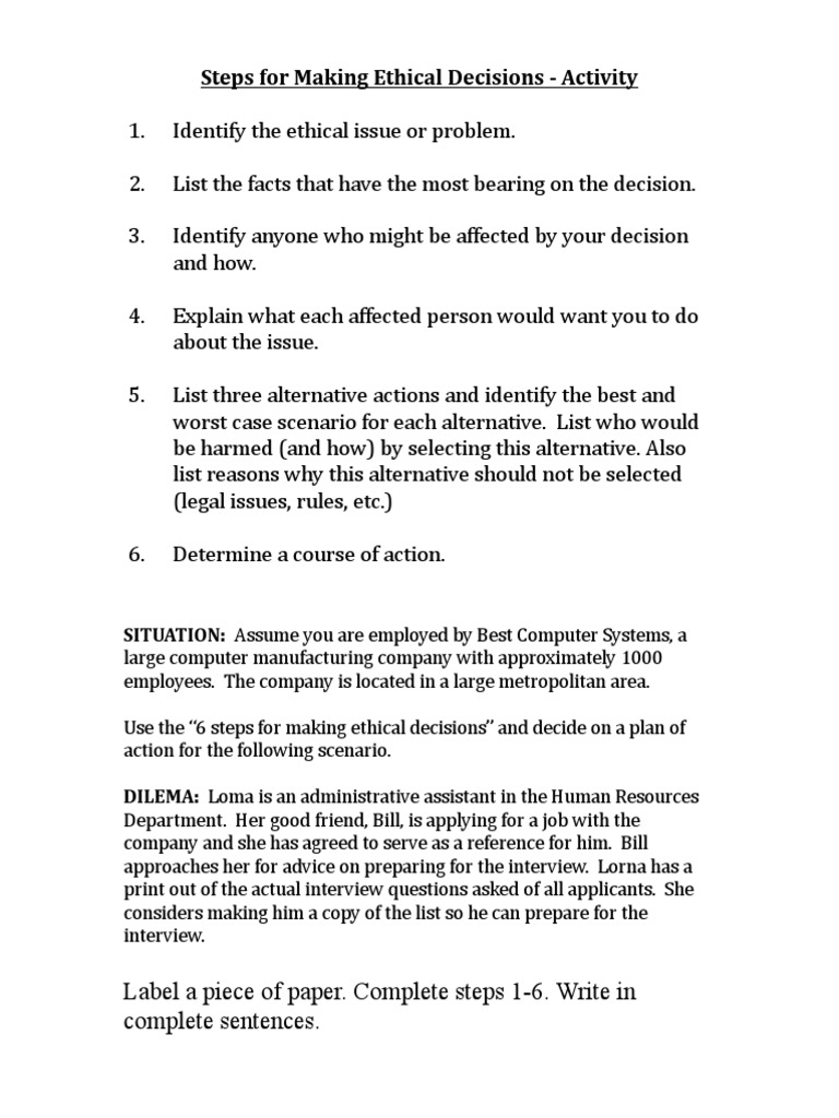 Steps For Making Ethical Decisions Handout | PDF