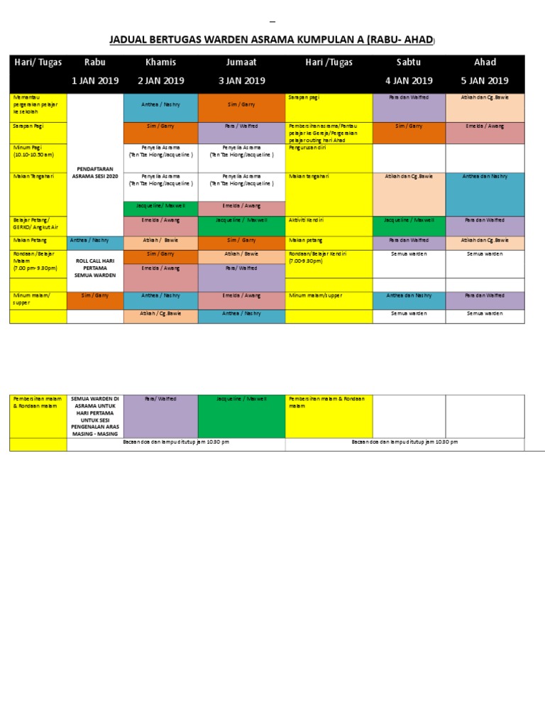 Jadual Bertugas Warden Asrama Minggu Pertama | PDF