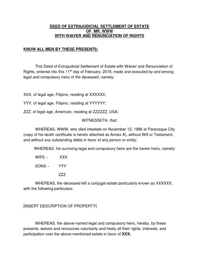 Extrajudicial Settlement Of Estate Template 2 Deed 7 Things You Need