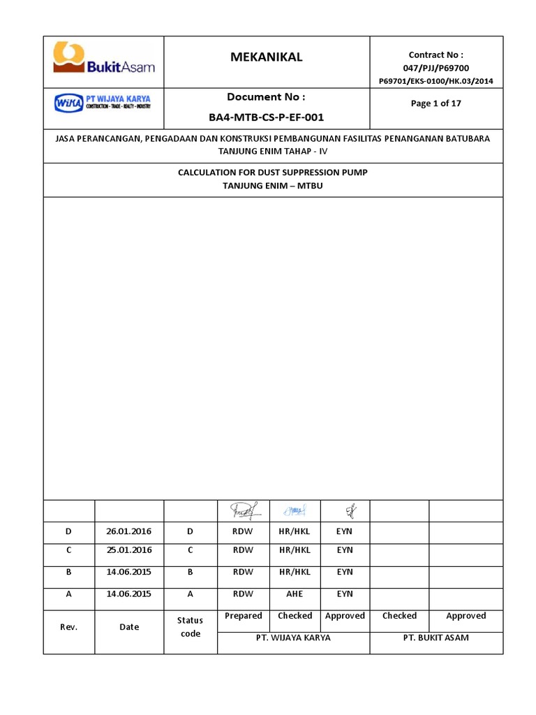 Ba4-Mtbu-Cs-Pef-002 Calculation For Dust Suppression Pump Rev D 25.01.2016 | PDF
