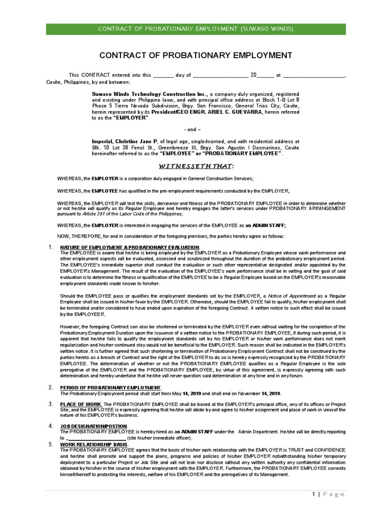 Probationary Employment Contract | PDF | Employment | Damages