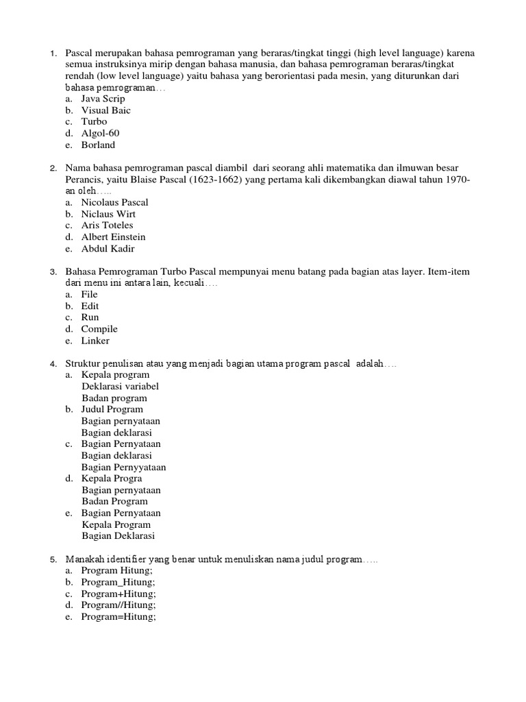 Soal Pascal (Pemrograman Dasar) Kelas X | PDF
