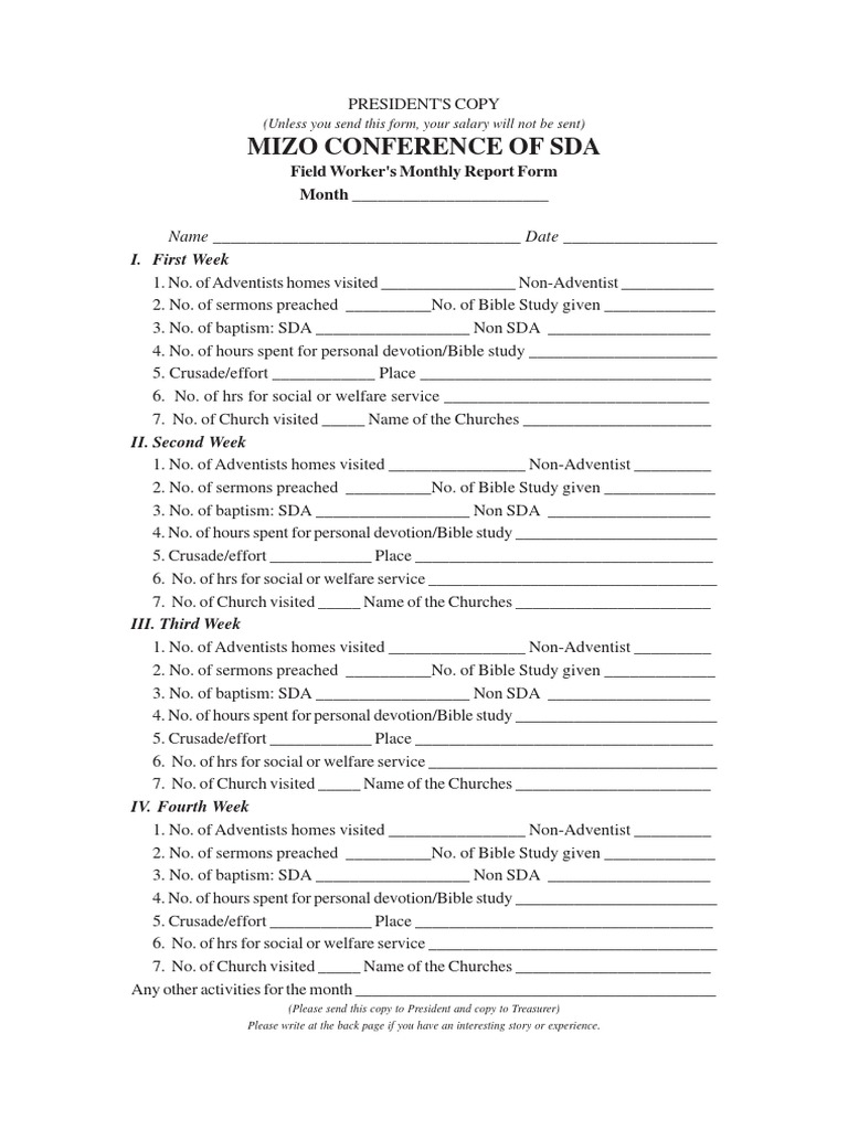 Pastor Monthly Report Form | PDF | Sermon | Adventism