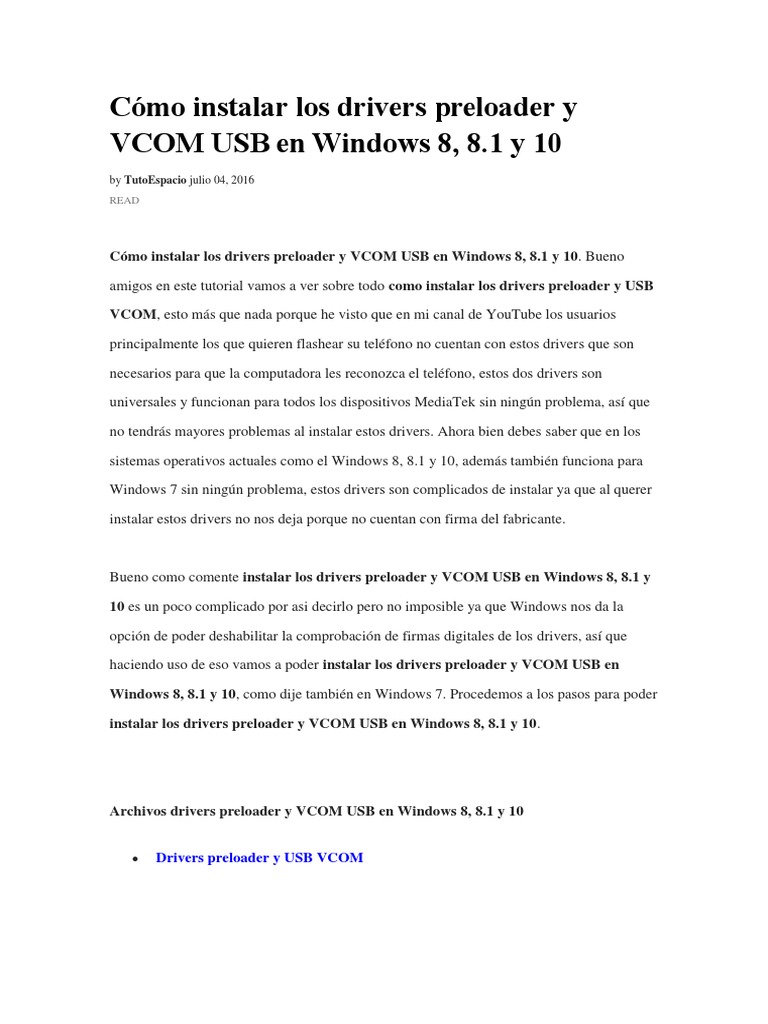 Cómo Instalar Los Drivers Preloader y VCOM USB en Windows 8 | PDF ...