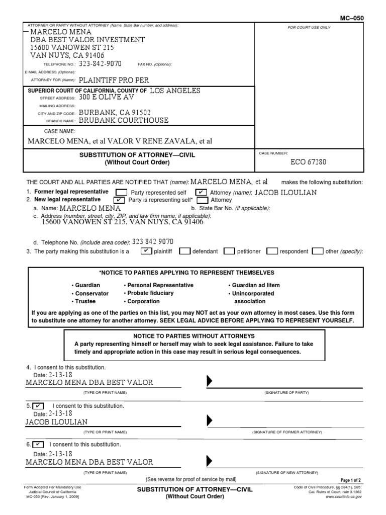 MC-050 Substitution of Attorney-Civil (Without Court Order) | PDF ...