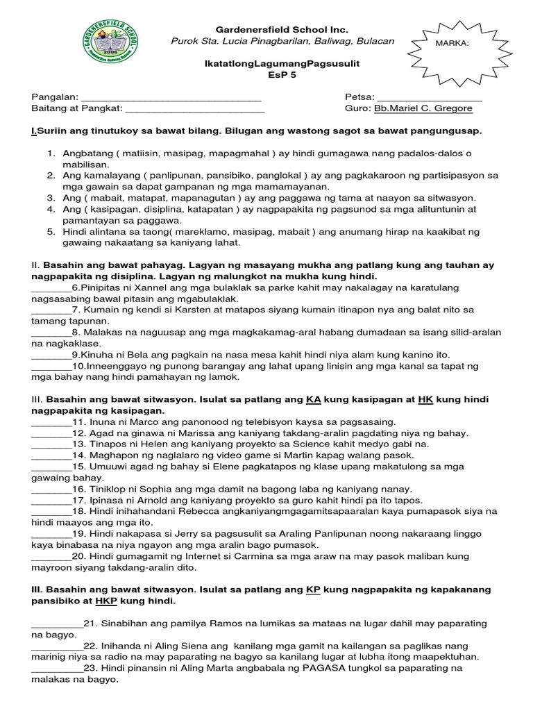 Grade 5 3rd Summative ESP | PDF