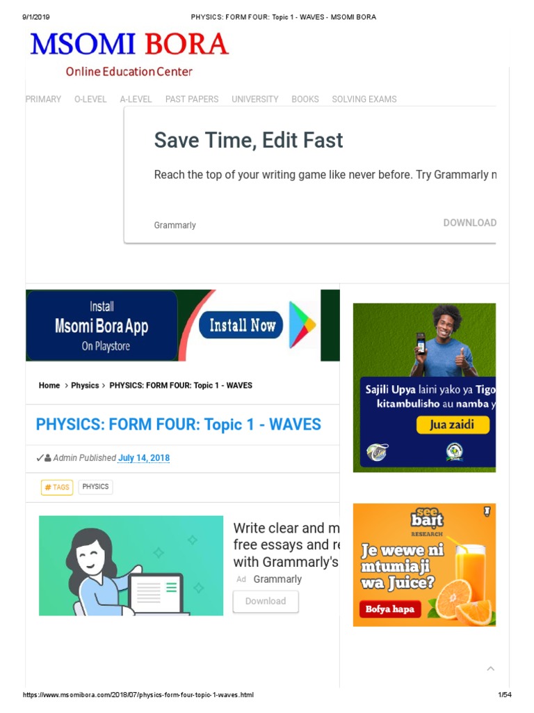 PHYSICS - FORM FOUR - Topic 1 - WAVES - MSOMI BORA PDF | PDF ...