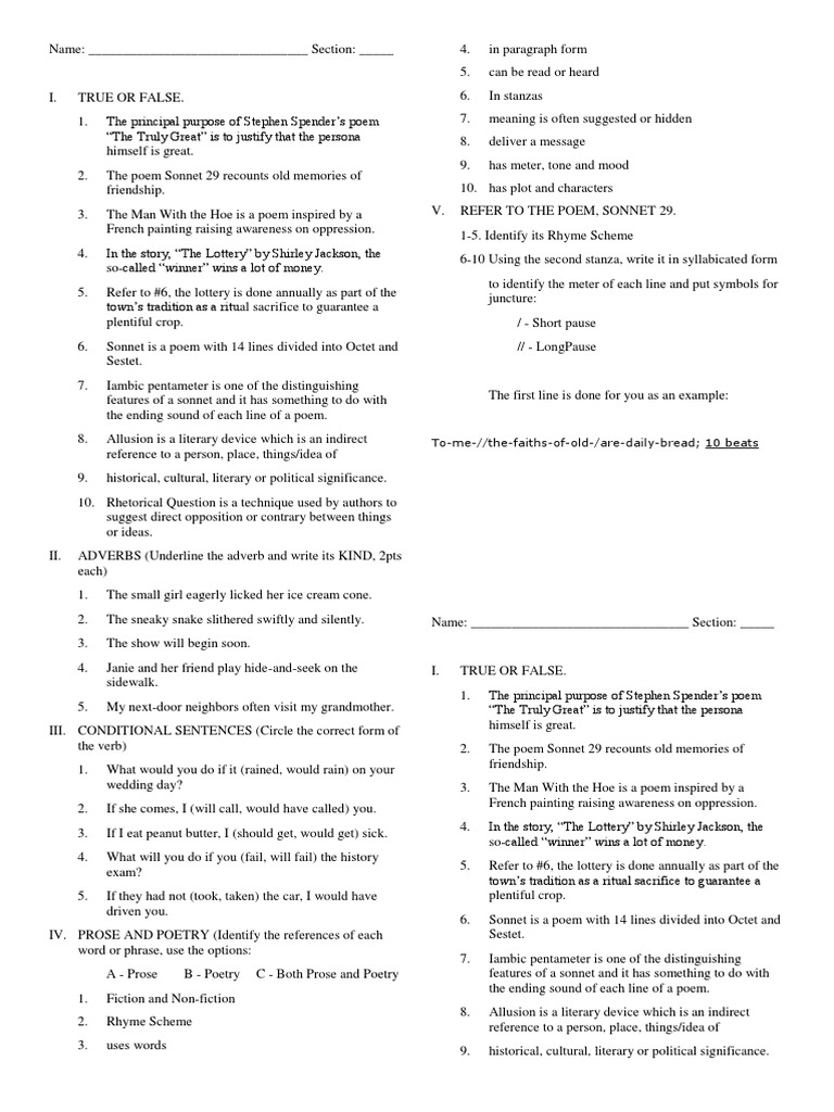 Quiz - Chapter Test English 9 | PDF | Sonnets | Poetry