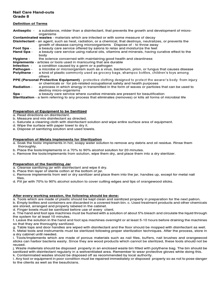 Nail Care 7 Handouts | PDF | Disinfectant | Personal Protective Equipment