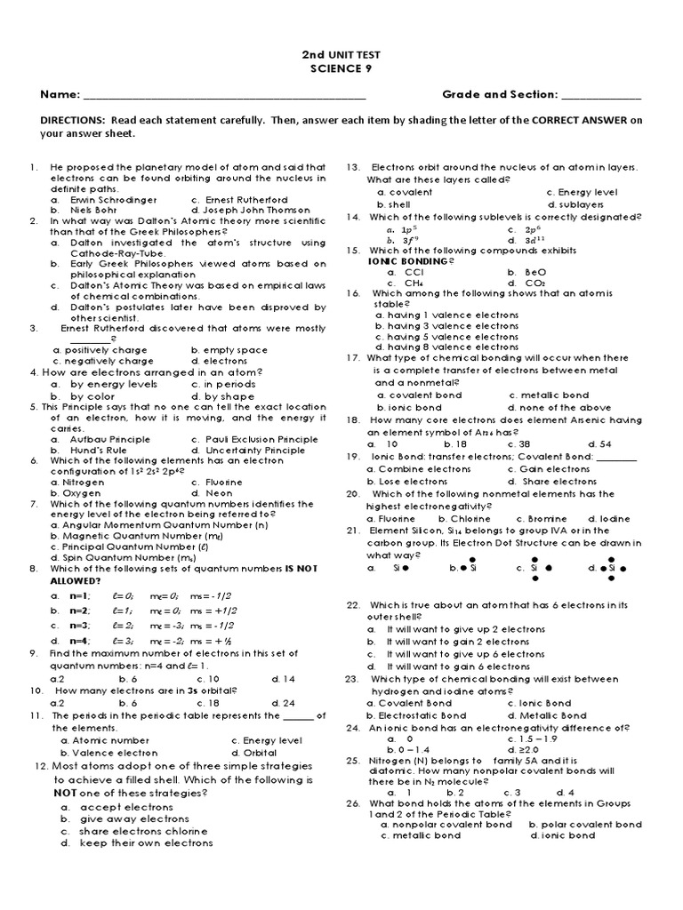 2nd-Unit Test | PDF | Covalent Bond | Chemical Polarity