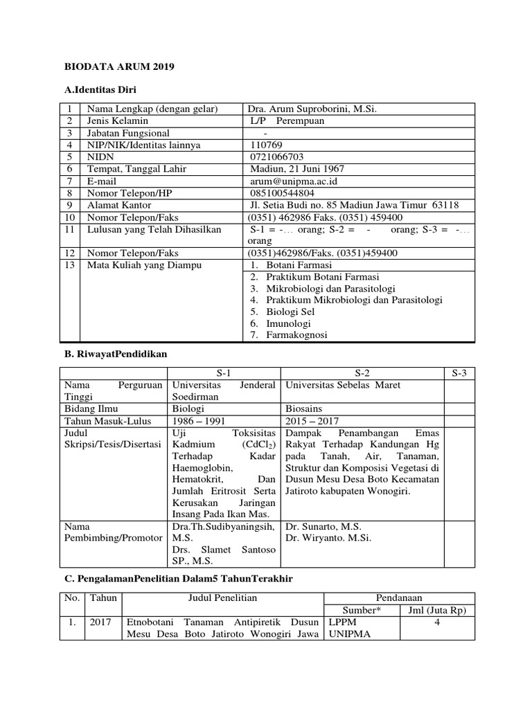 CV Arum 2019 | PDF | Kesehatan Holistik | Sains & Matematika