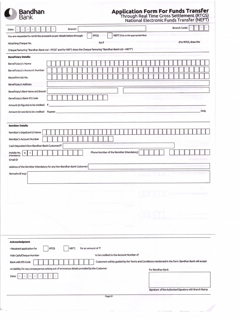 Bandhan Neft Rtgs Form | PDF | Cheque | Banks