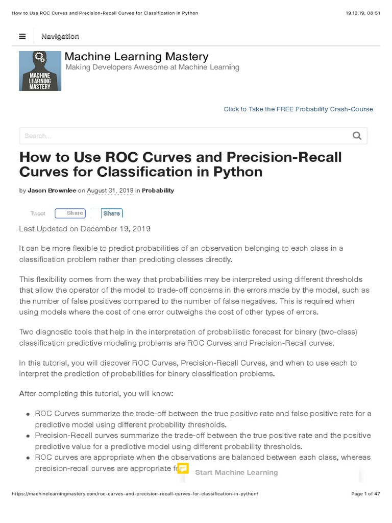 How To Use ROC Curves and Precision-Recall Curves For Classification in Python | PDF | Receiver ...