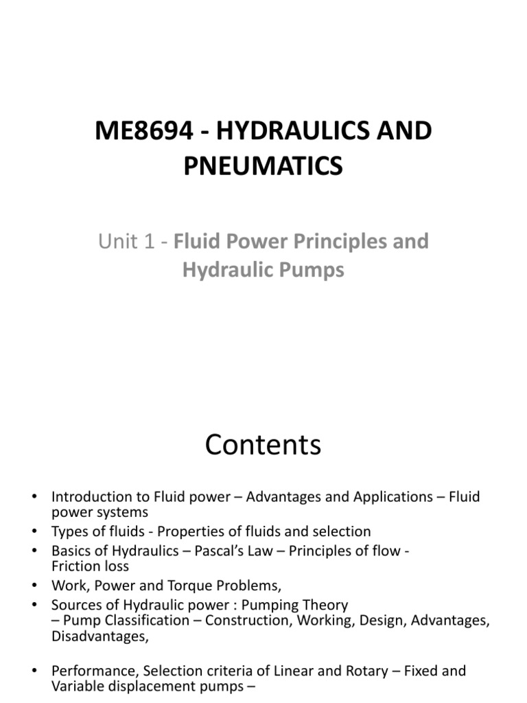 ME8694 - HYDRAULICS AND PNEUMATICS - Unit 1 | PDF | Pump | Mechanical ...