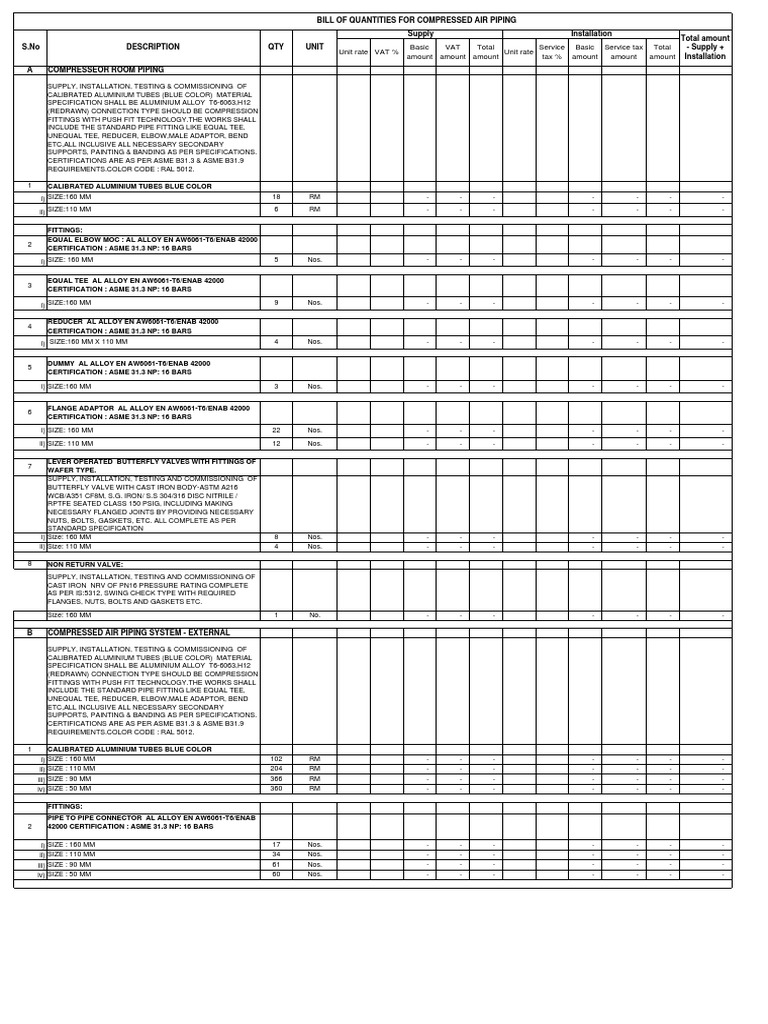 Industrial Piping BOQ - Compressed Air | PDF | Pipe (Fluid Conveyance ...