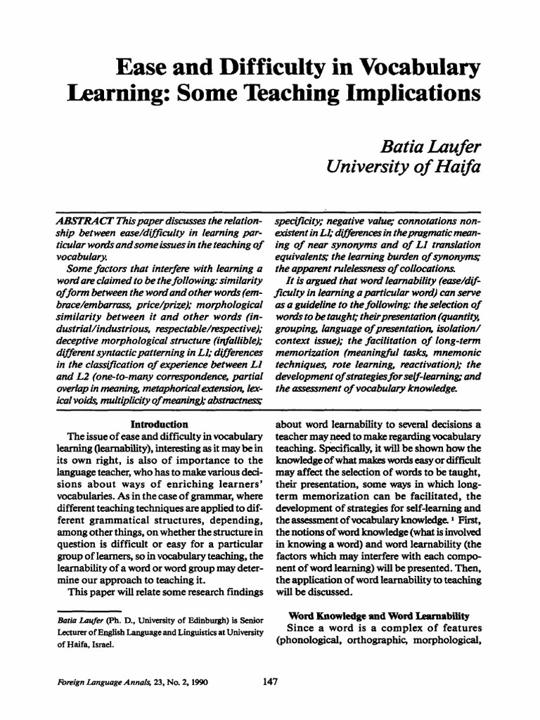 Factors that Impact Word Learnability: Implications for Vocabulary Instruction | PDF | Second ...