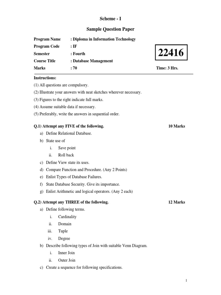 Sample Question Paper Database Management | PDF | Pl/Sql | Relational ...