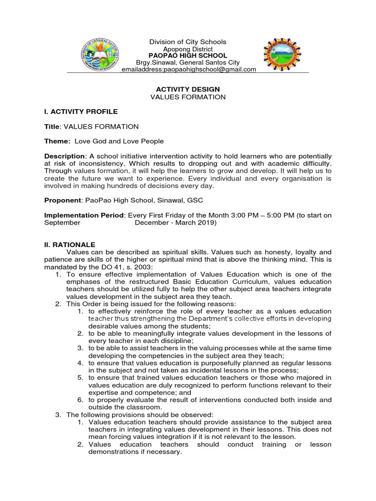 Activity Design EsP | PDF | Teachers | Curriculum